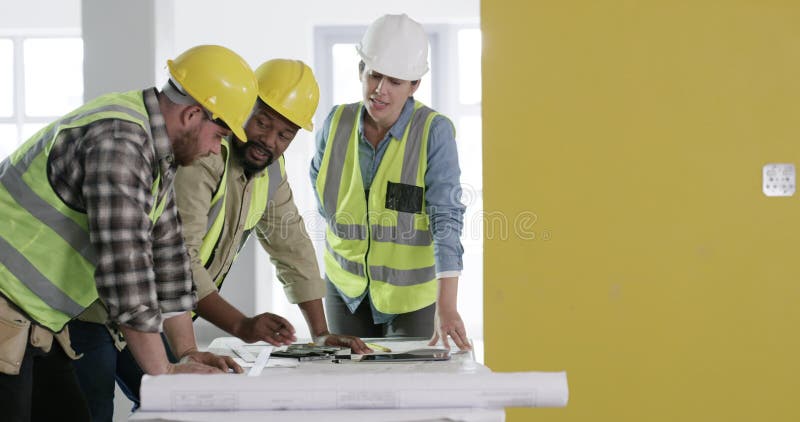 Engineering, Floor Plan and People with Teamwork for Construction Site ...