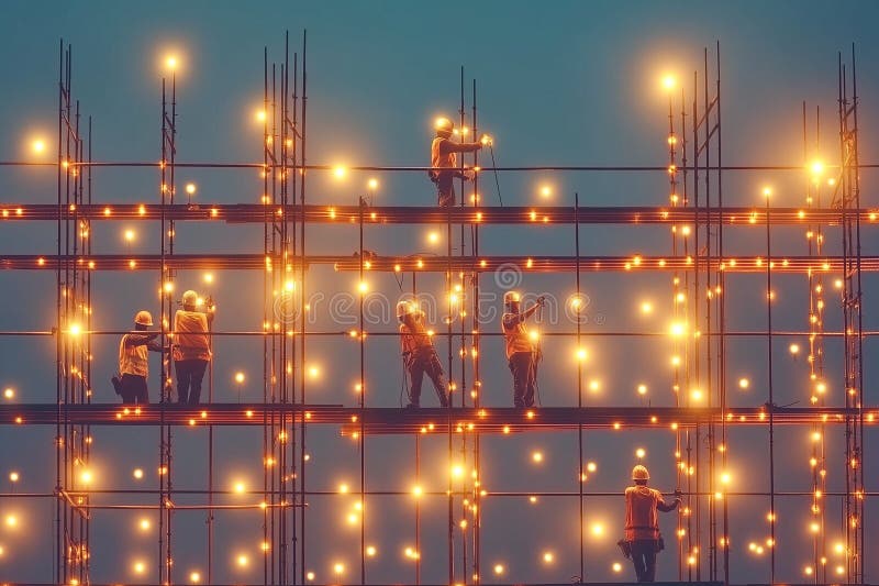 Construction Team of Engineers Working on a Scaffold with Illuminated ...