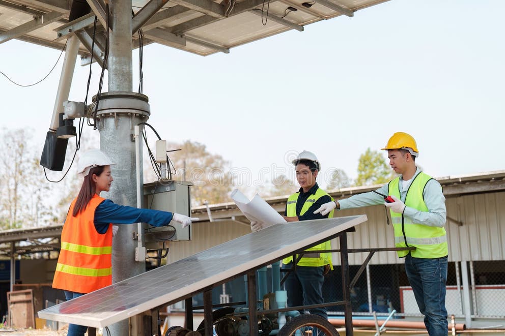 Innovative Solutions. Team Discussing Solar Energy Implementation Strategies at Construction ...