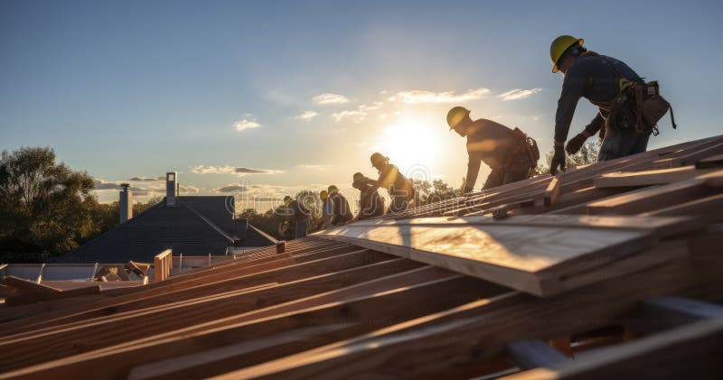 A Construction Team Installing Wooden Roofing Stock Image - Image of ...