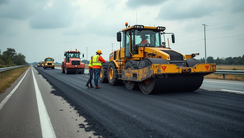 Construction Team Laying New Asphalt on a Busy Highway with Heavy ...