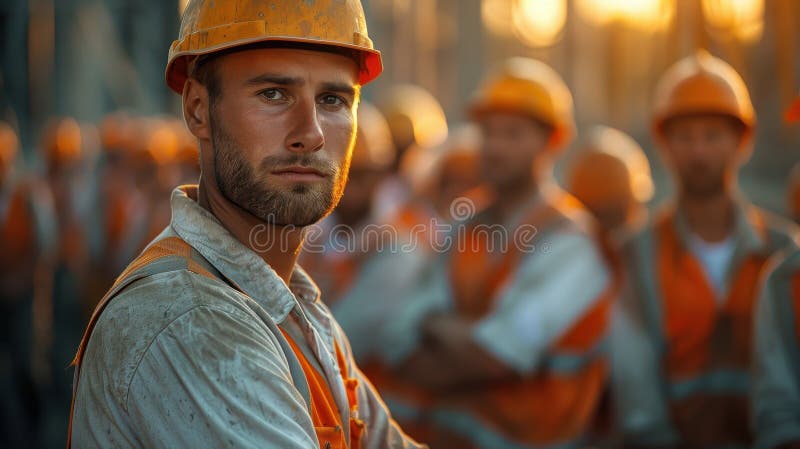 Construction Team Members Collaborating during Sunset at a Building ...