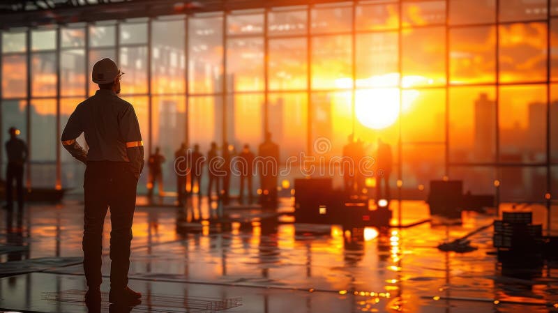 Construction Team Observing Sunset from a High-rise Site in an Urban ...