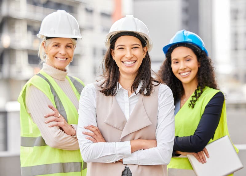 Construction, Team and Portrait of Woman with Confidence, Support and Smile in Engineering ...