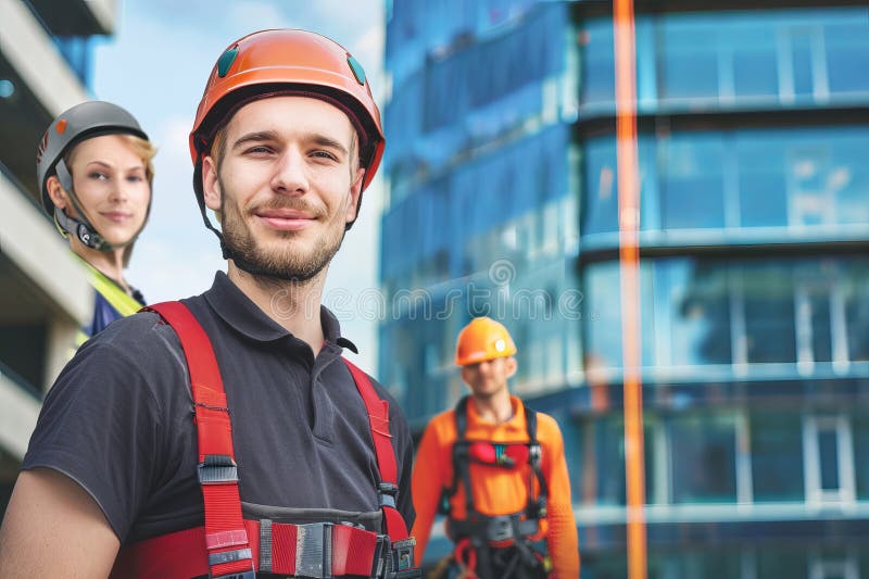 Construction Team in Safety Gear on Worksite with Modern Building in ...