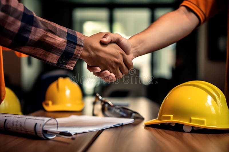 Construction Team Shake Hands Greeting Start New Project Plan Behind ...