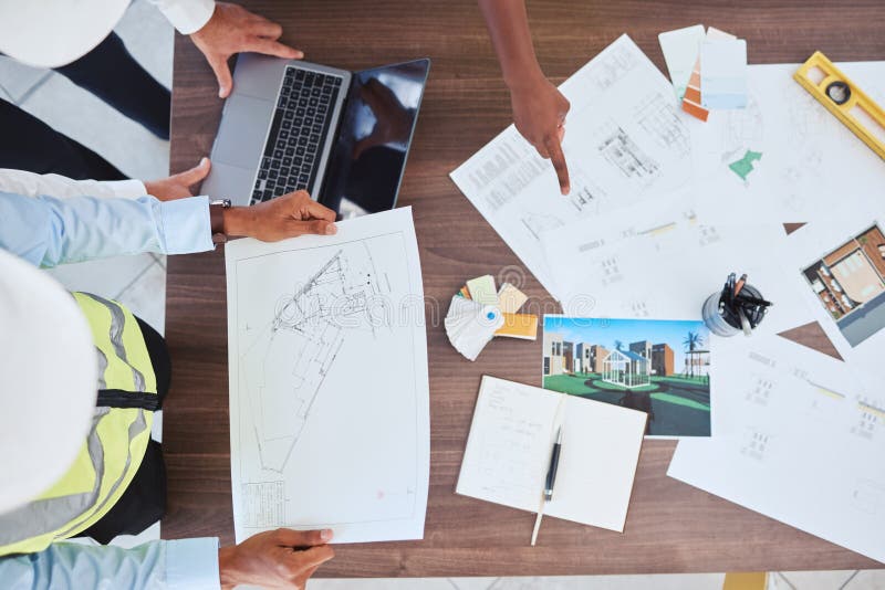 Construction Team, Table Laptop Planning and Blueprint Papers Top View ...