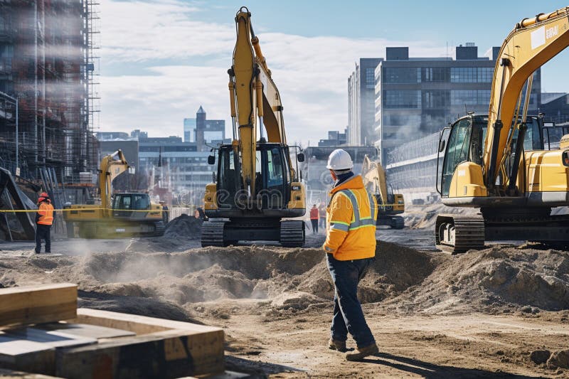 A Construction Team Using Excavators and Bulldozers is Preparing a Site ...
