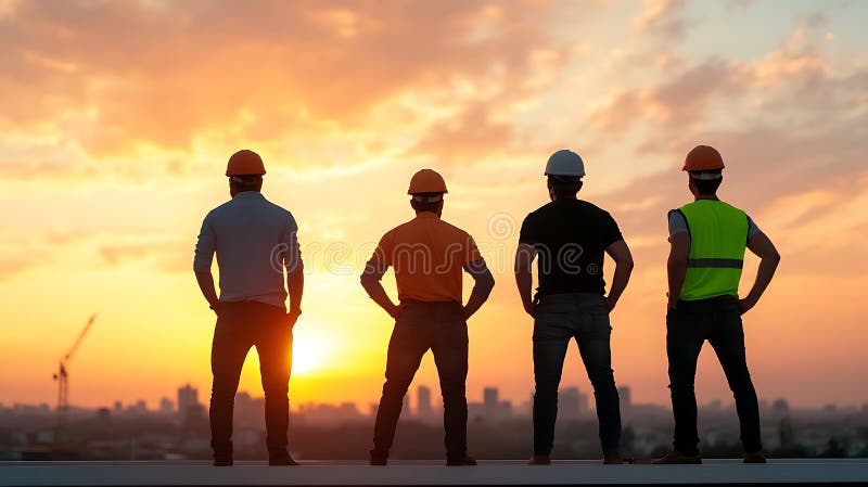 Construction Team Views Sunset Skyline Symbolizing Project Completion ...