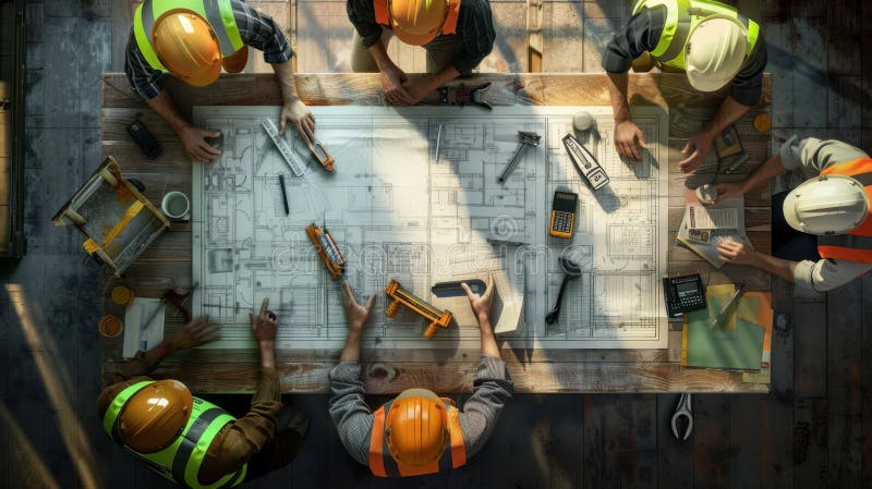 The Construction Team Planning Blueprint. AI Generated Stock Image ...