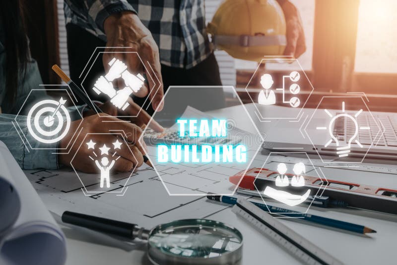 Construction Team Worker Working in Office with Team Building Icon on ...