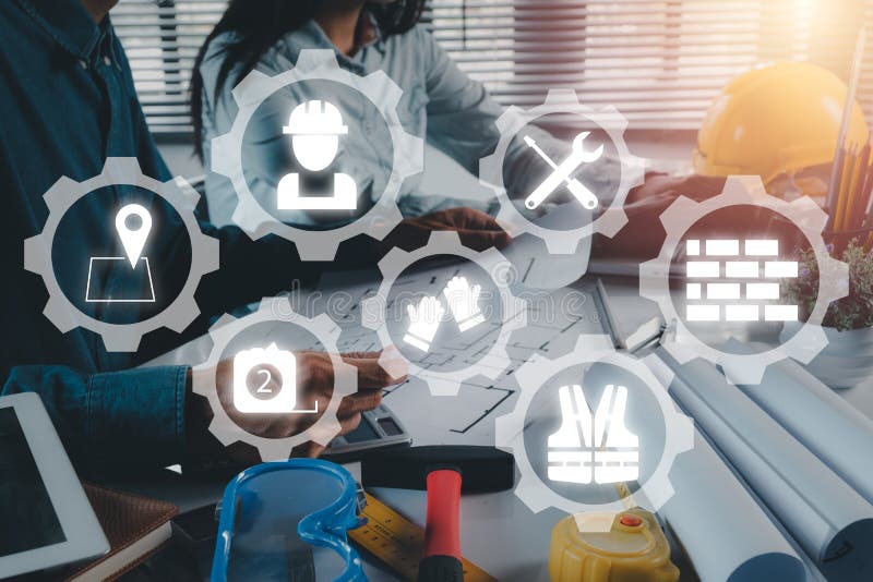 Construction Team Worker Working in Office with Engineering Tools with ...