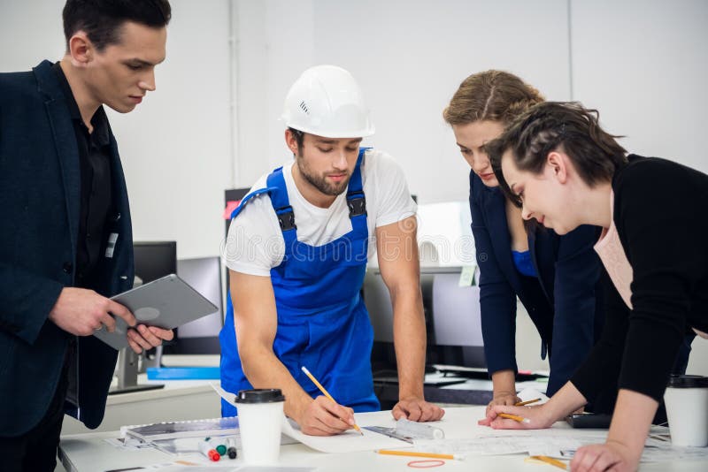 Construction Team Working with Compasses and Blueprints on an Ar Stock Image - Image of client ...