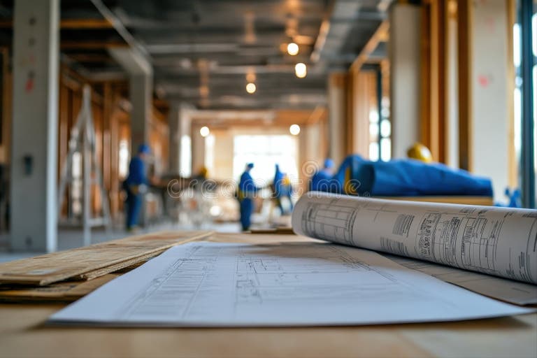 Construction and Technical Drawings. Workers Strategizing Over ...