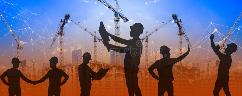 Construction Technology Banner Background. Construction Site with Cranes, Fittings and Concrete ...