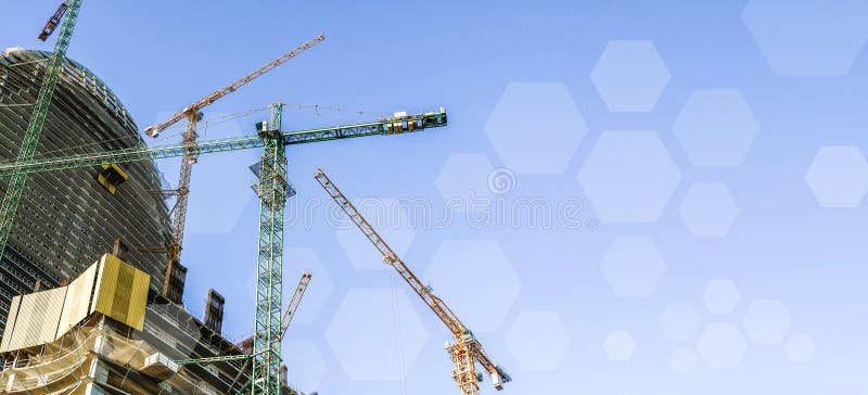 Construction Technology Banner Background. Construction Site with Cranes, Fittings and Concrete ...