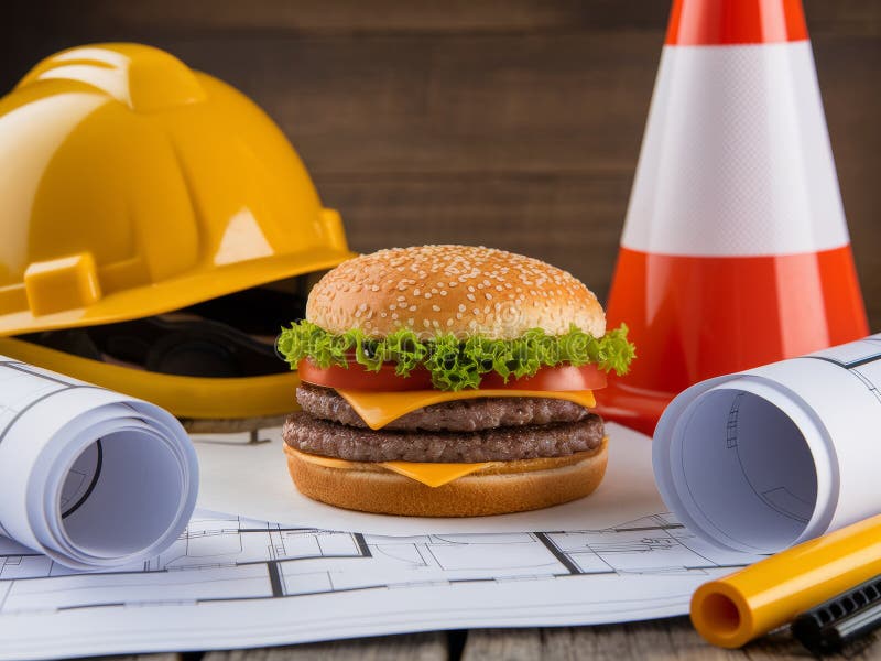 Construction Theme with Burger on Blueprints and Safety Gear Stock ...