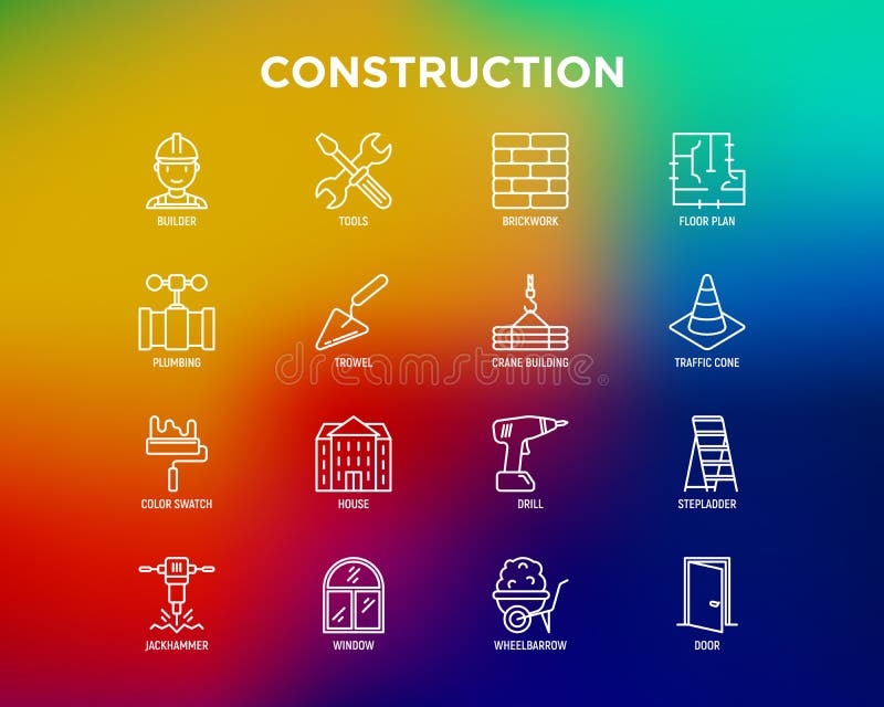 Construction Thin Line Icons Set: Builder in Helmet, Work Tools ...