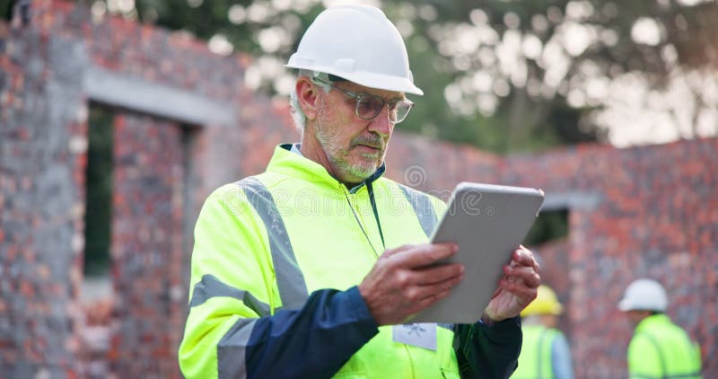 Construction, Thinking and Man with Tablet for Inspection, Quality ...