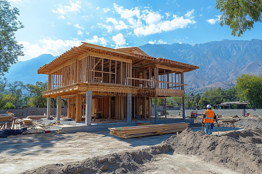 Construction of a Timber Frame House in the Mountains. Generated by ...