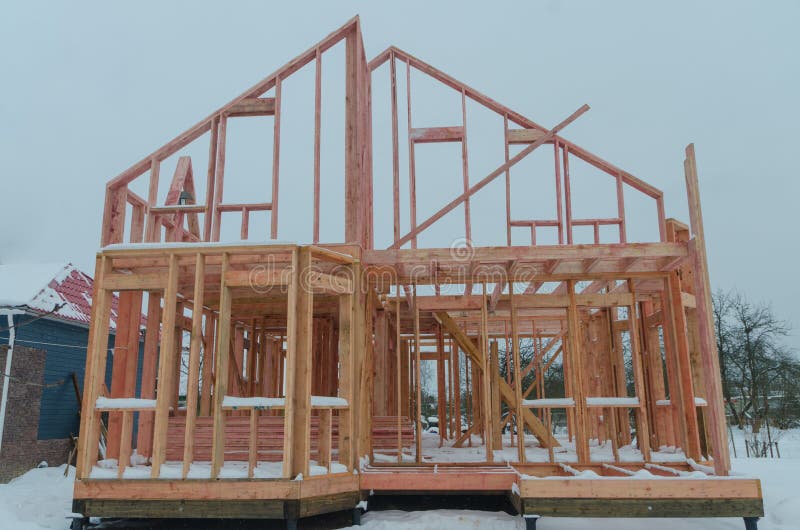 Construction of Wooden Frame House in Winter Stock Image - Image of ...