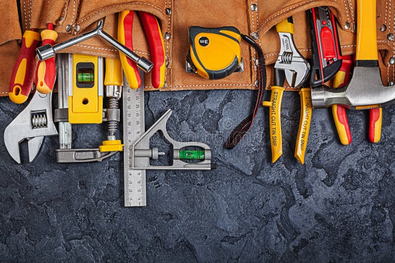 Construction Toolbelt with Different Tools on Black Background Stock ...
