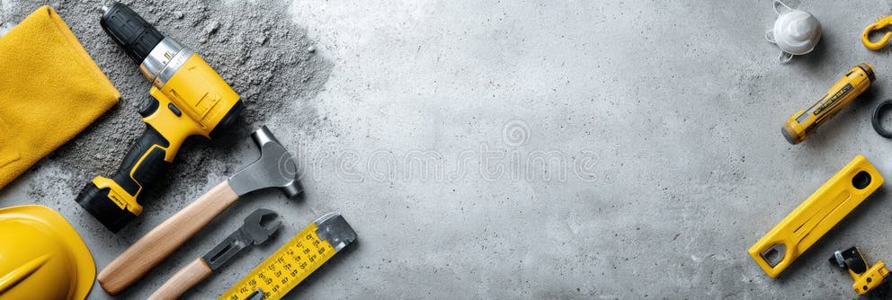 Construction Tools and Accessories Arranged on a Gray Surface for ...