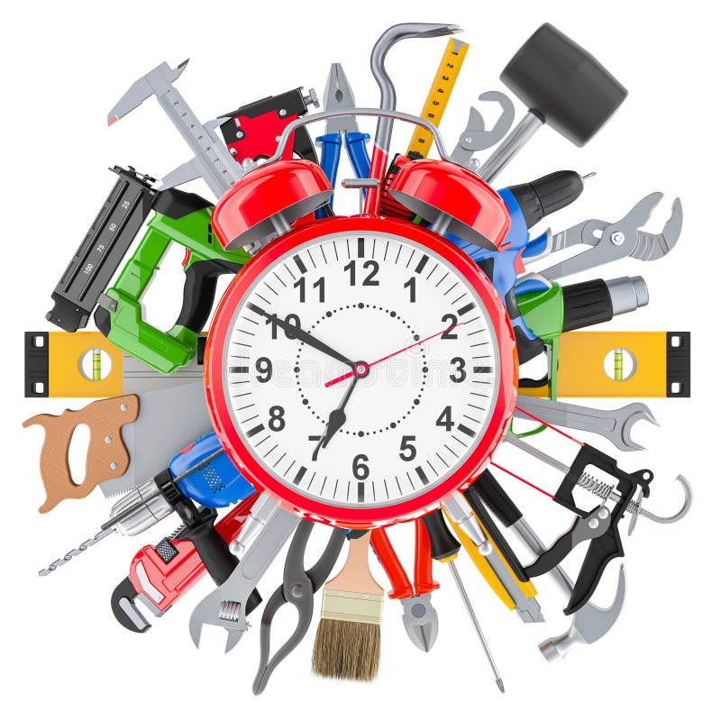 Construction Tools with Alarm Clock, 3D Rendering Stock Illustration ...