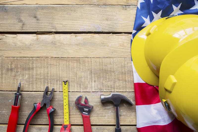 Construction Tools and American Flag on Table Stock Photo - Image of ...