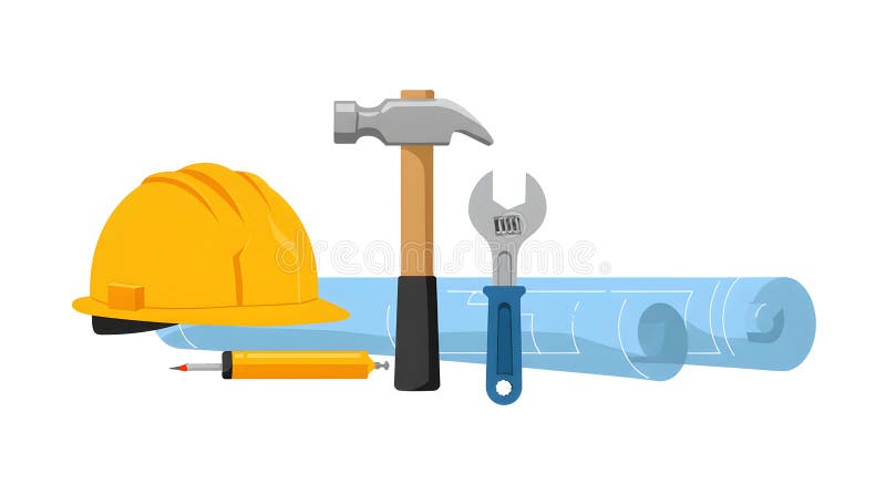 Construction Tools Arrangement with Hard Hat, Hammer, Wrench, and ...