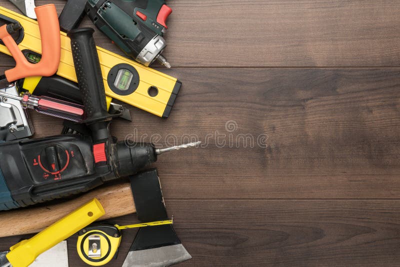 Different Construction Tools on Wooden Background with Copy Space. Diy ...