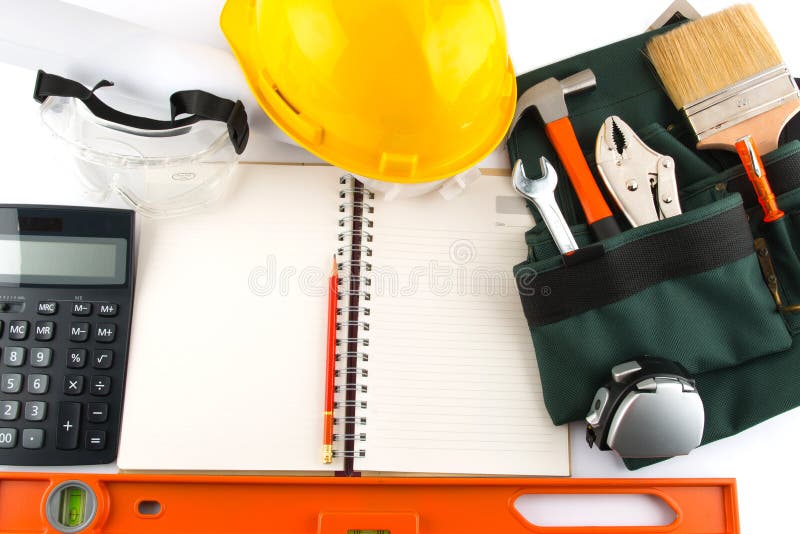 Construction Tools and Blank Notepad on a White Background Stock Image ...