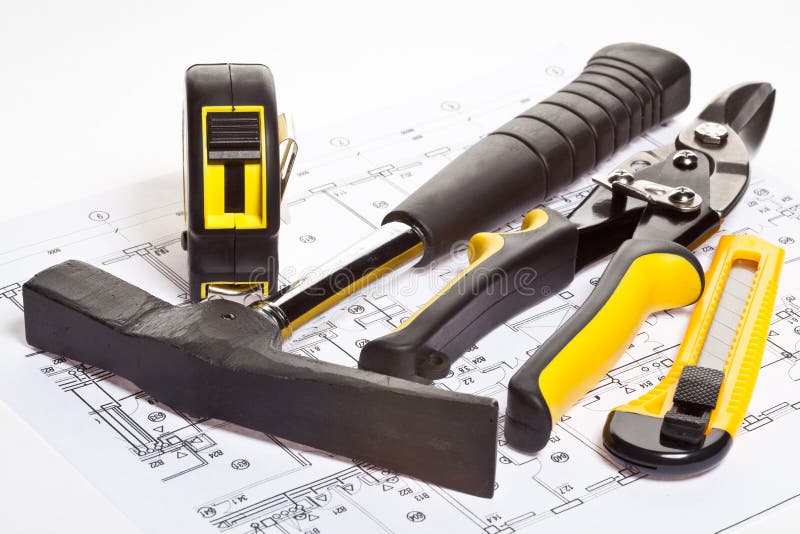Construction Tools and Blueprint Stock Image - Image of draft ...