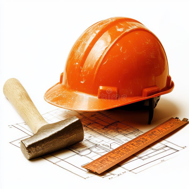 Construction Tools Blueprints Safety Helmet Hammer Ruler Architecture ...