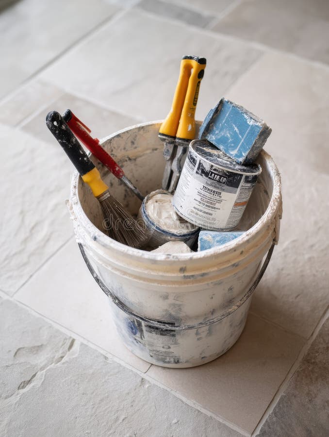 Bucket of Tile Adhesive with Tools Arranged on Construction Site Floor ...