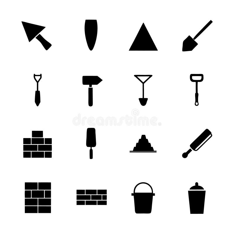 Construction Tools and Building Materials, Black and White Icons Stock ...