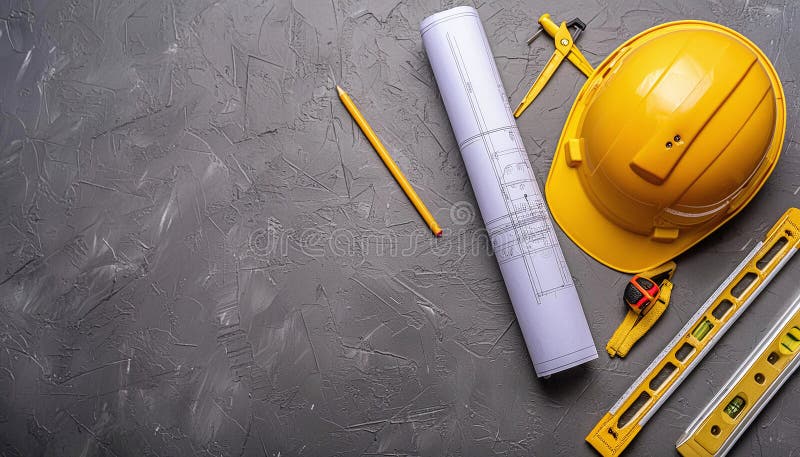Construction Tools on Concrete Background. Blueprint, Hardhat, Pencil ...