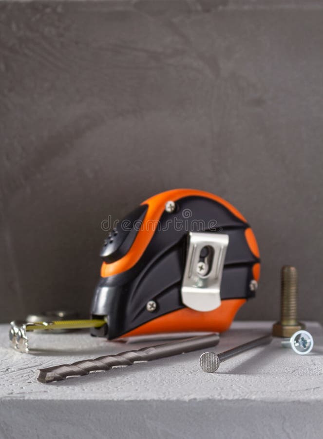 Construction Tools at Concrete Cube or Blocks Near Wall Background ...