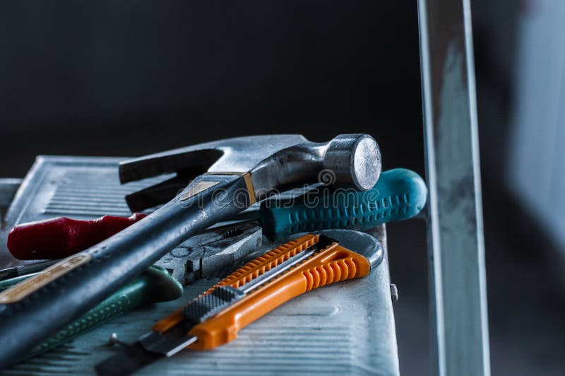 Construction Tools On A Dark Background Stock Photo - Image of safety ...