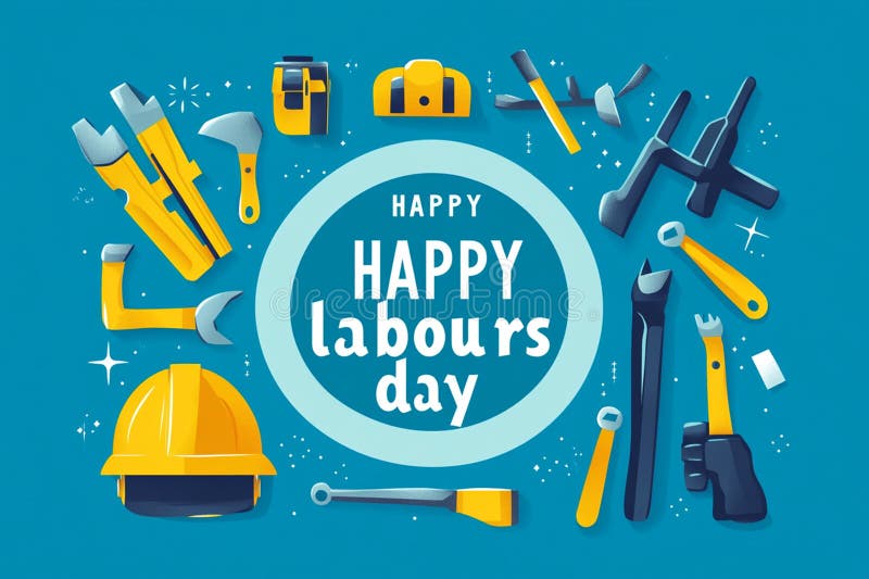 Construction Tools Flat Lay Hard Hat, Wrench, Hammer, Blue Background ...