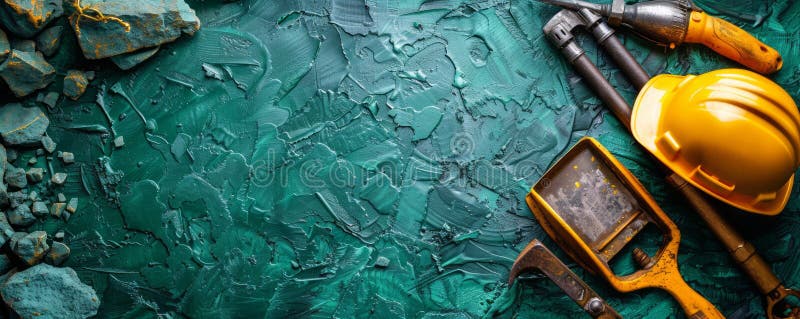 Construction Tools on Green Textured Background with Safety Gear and ...