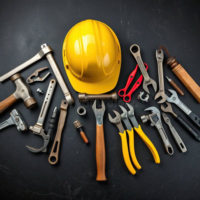 Construction Tools and Hardhat on Black Background Stock Illustration ...