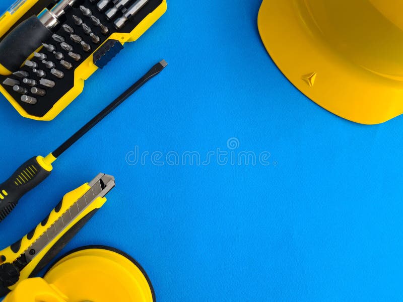 Construction Tools, Hard Hat on Blue Background with Copy Space Stock ...