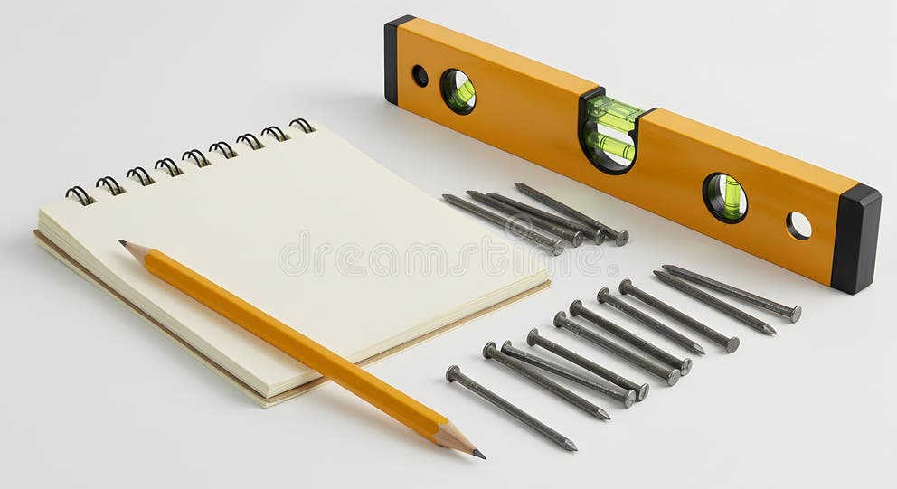 Construction Tools: Level, Nails, Notepad and Pencil Stock Illustration ...