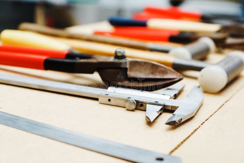 Construction Tools Lie Neatly on the Table Stock Image - Image of ...