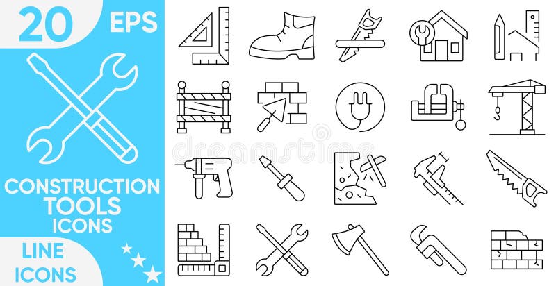 Construction Tools Line Icon Set.Construct, Worker, Tools, Machines ...