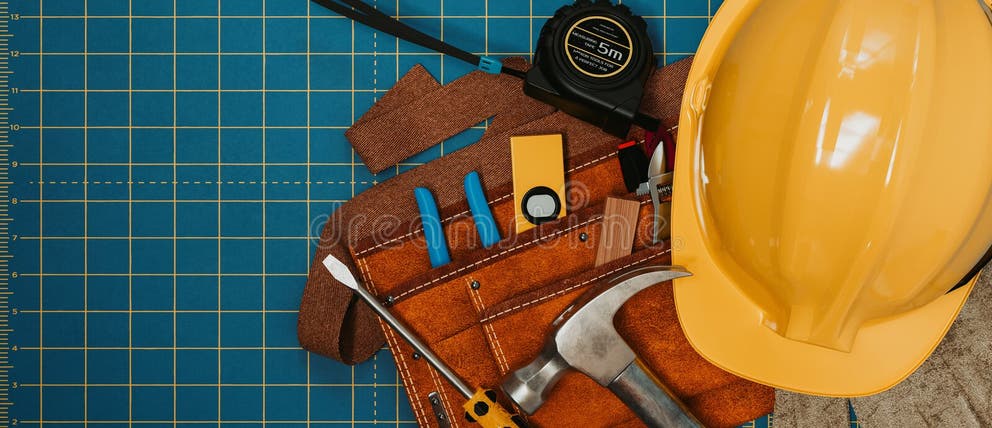 Construction Tools Lined Up on a Wooden Table Prepared for Use. Stock ...