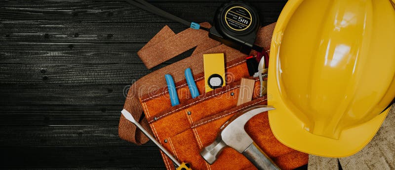 Construction Tools Lined Up on a Wooden Table Prepared for Use. Stock ...