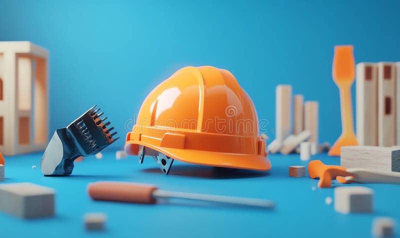 Construction Tools and Orange Hard Hat on Blue Background, Building and ...