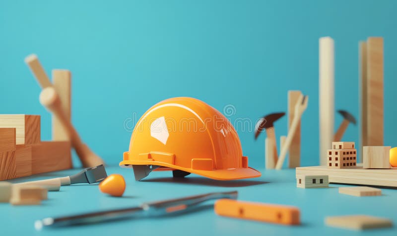 Construction Tools and Orange Hard Hat on Blue Background, Building and ...